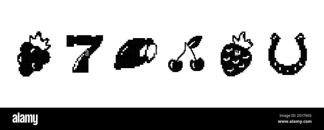 Iconic slot machine symbols depicting fruits and good luck items in ...