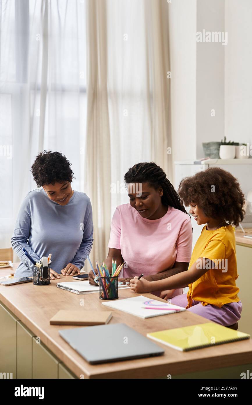 Three family members engage in a creative activity, bonding over art ...
