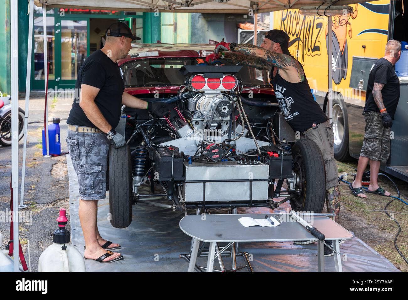 Preparation of the dragster in a mobile workshop for the races by the ...