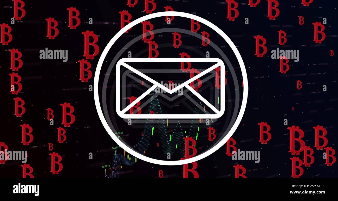 Image of bitcoin icons, email envelope and data processing over black ...