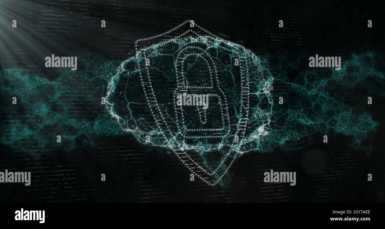 Image of shield with padlock icon over digital brain on black ...