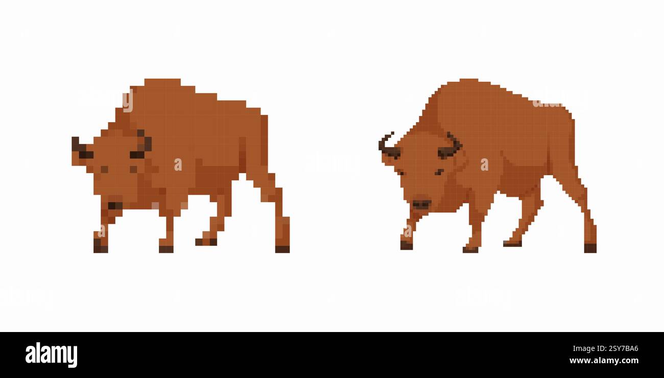 Two pixel art buffalos facing each other with horns and brown coat ...