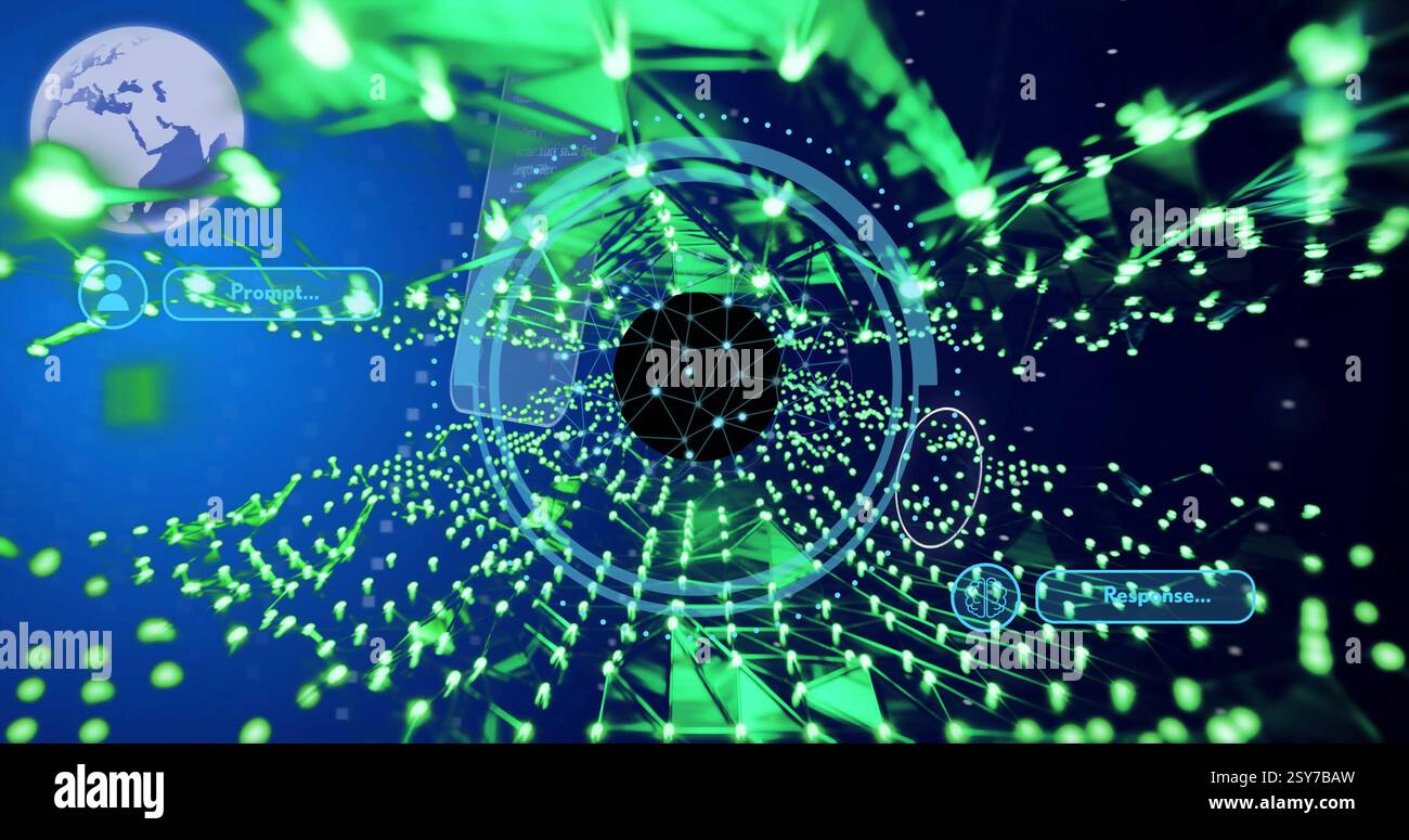 Green and blue digital data processing image with geometric shapes and ...