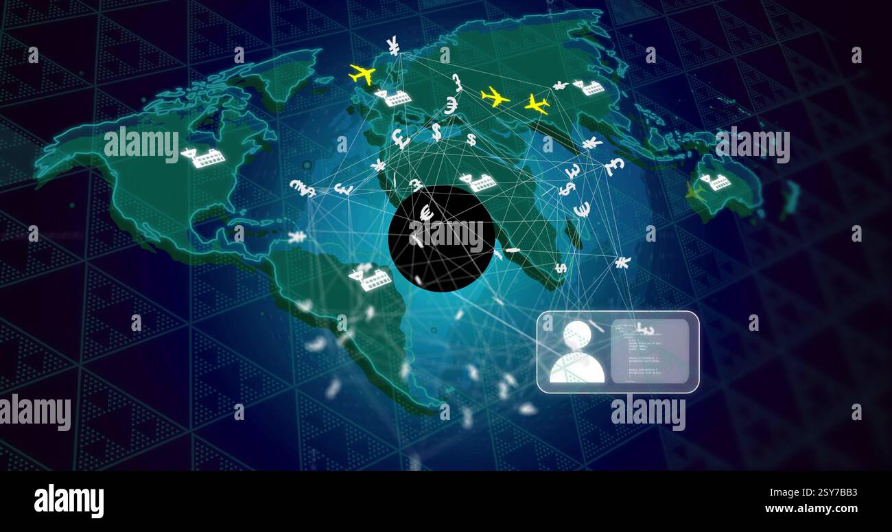 Global transportation and currency exchange image over world map with ...