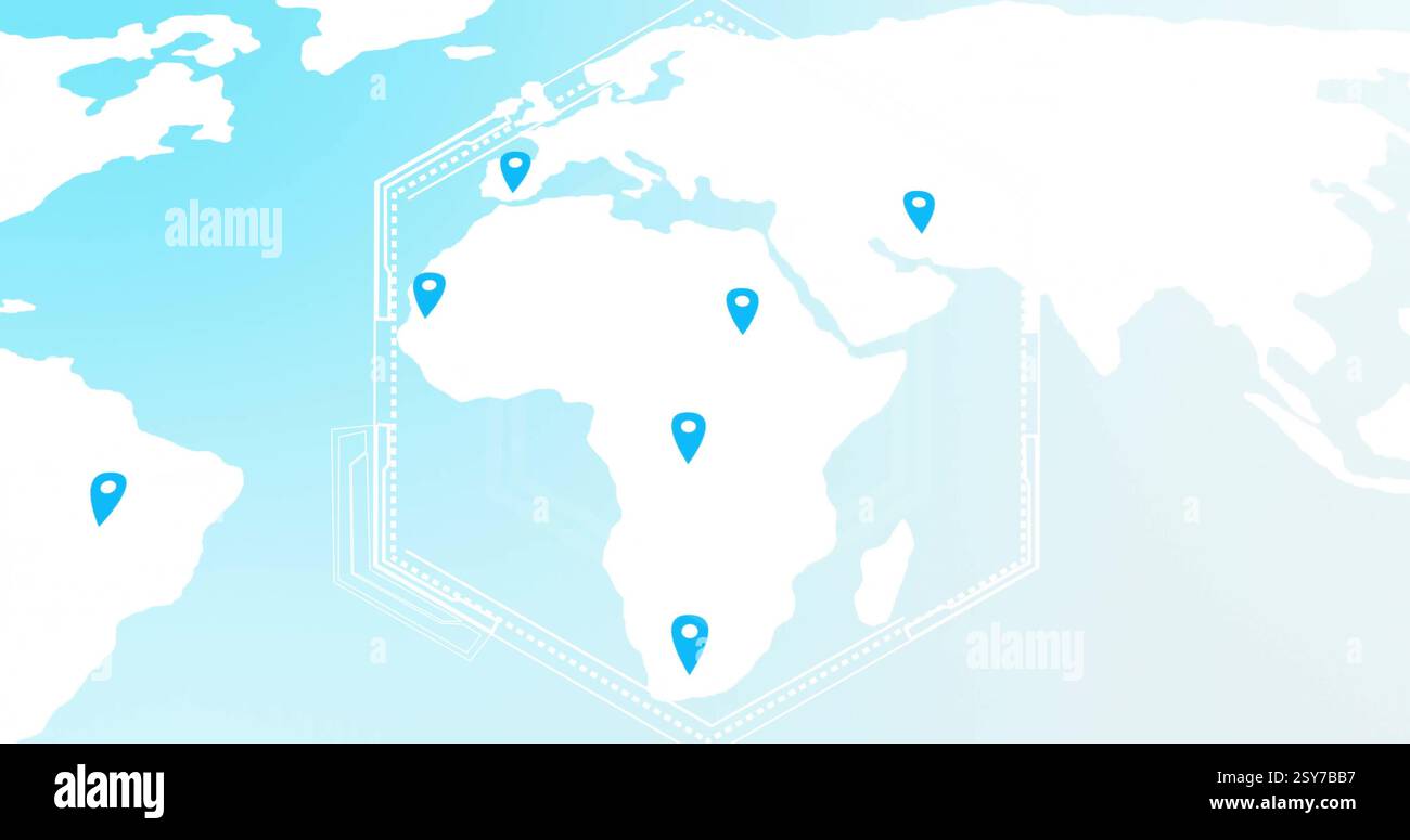 Map with location markers image over hexagonal grid Stock Photo - Alamy