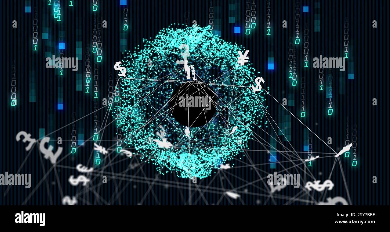 Digital Currency Symbols And Binary Code Image Over Network Connections And Data Processing