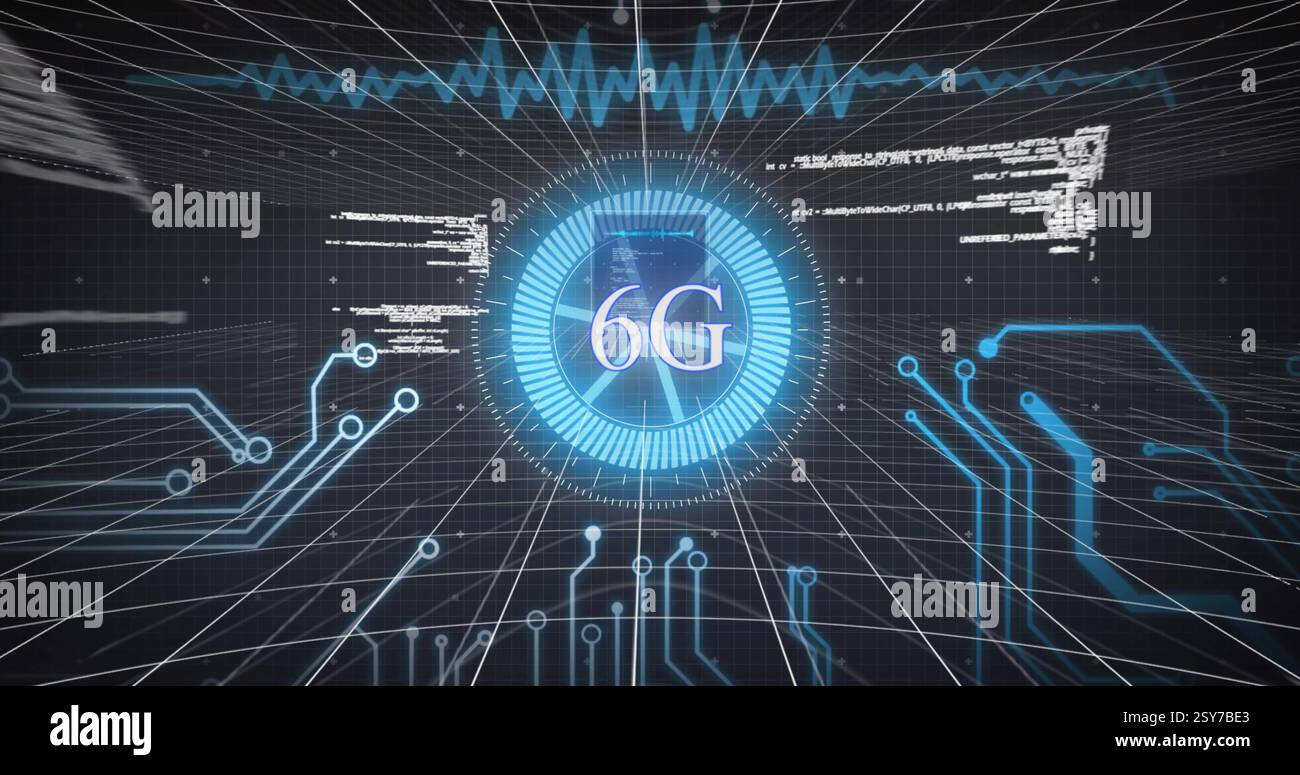 Image of 6g text, digital data processing and circuit board over dark background. Global ...