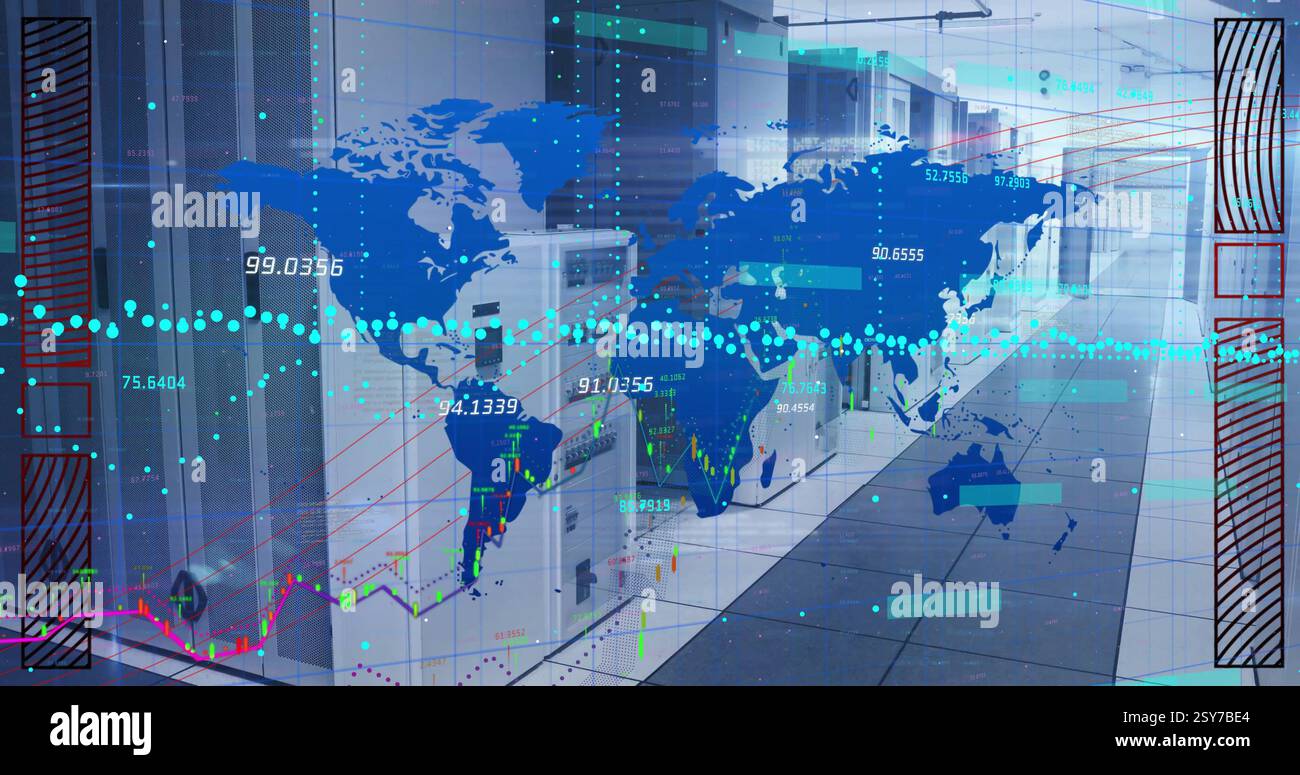 Image of world map, digital data processing over computer servers Stock Photo - Alamy
