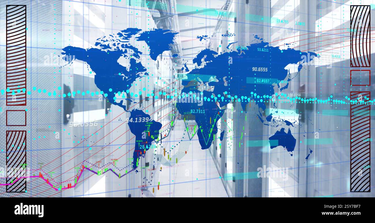 Image of world map, digital data processing over computer servers Stock Photo - Alamy