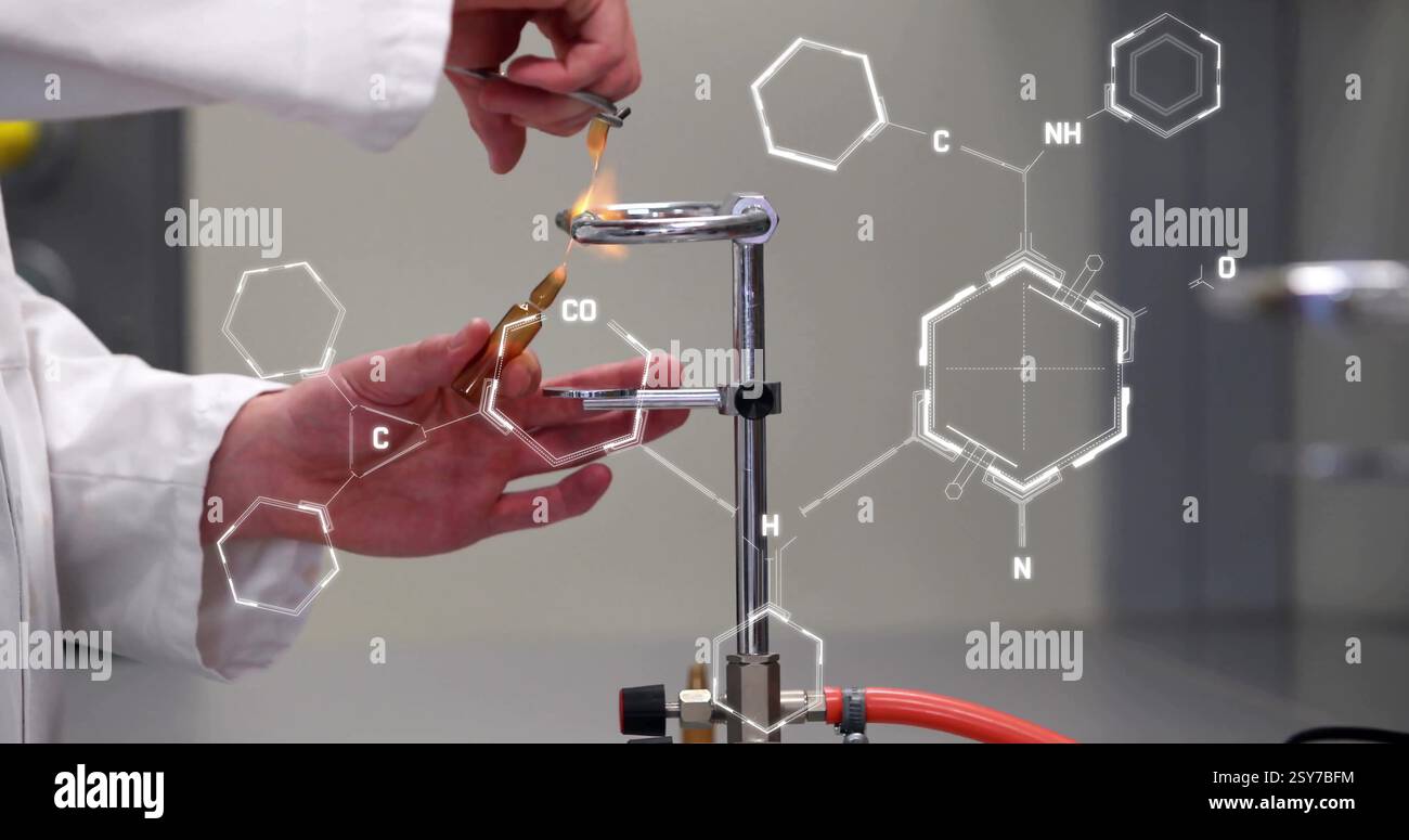 Image of chemical formula over caucasian scientist heating sample in ...