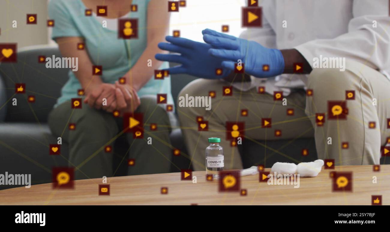 Image of network of connections with icons over diverse doctor talking ...
