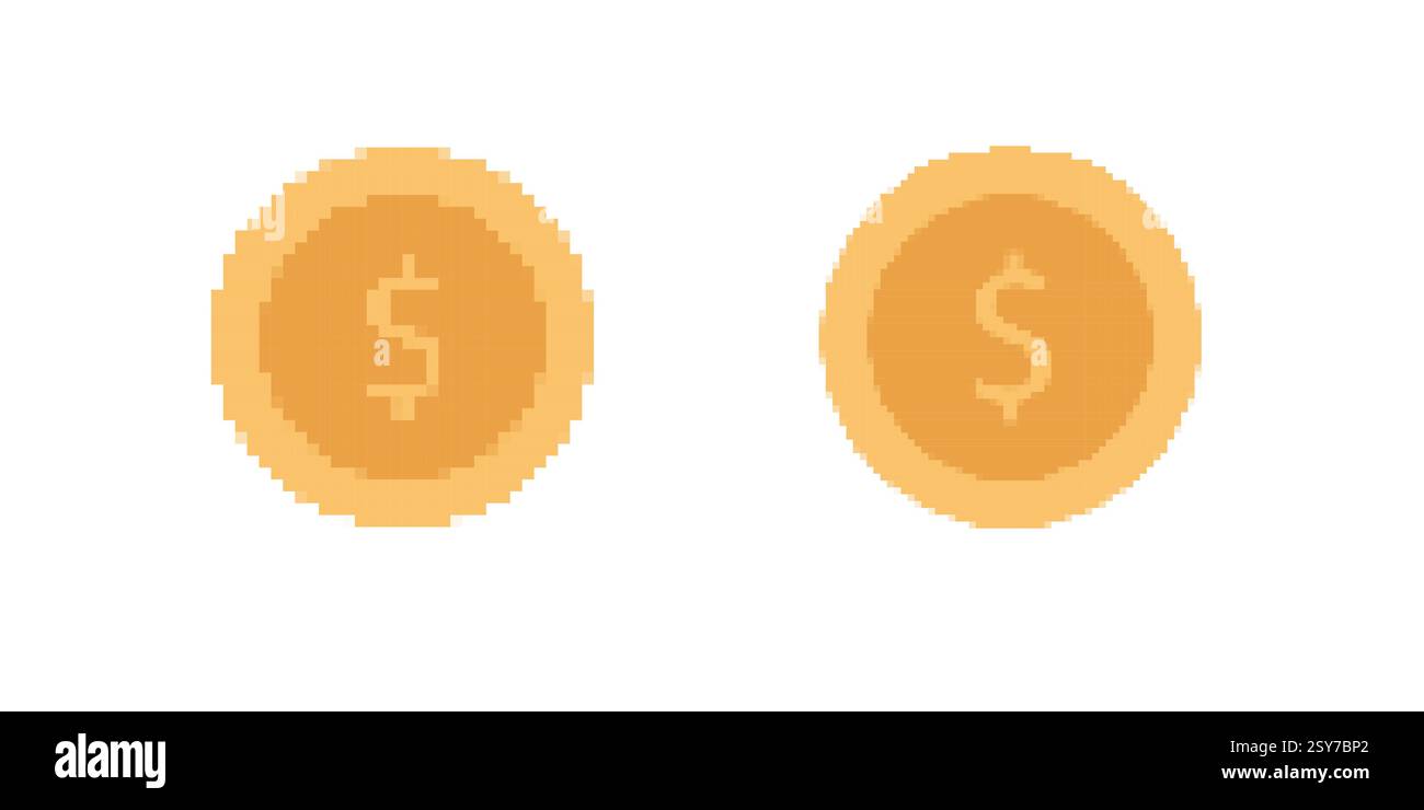 Pixel art coins featuring dollar sign design in a simple uncluttered ...