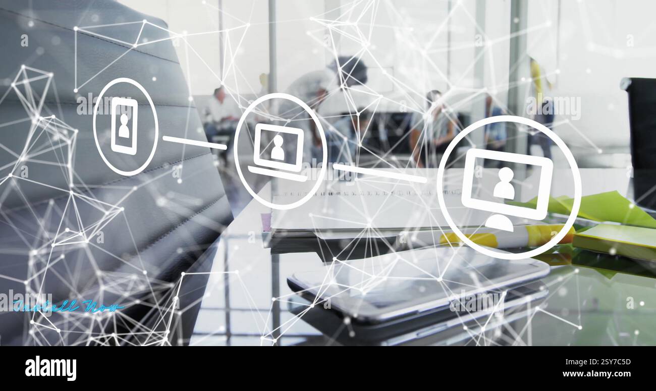 Image of network of connections with icons over diverse colleagues ...