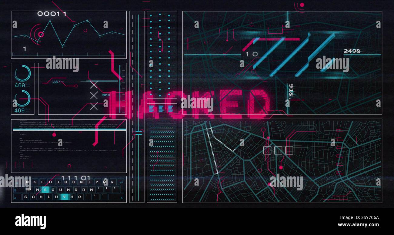 Image of hacked text and data processing on black background Stock ...