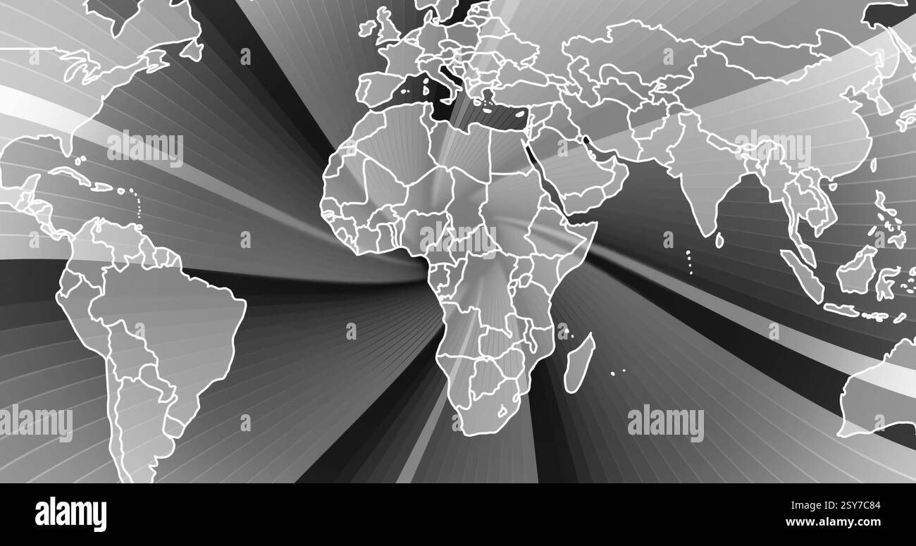 Image of world map over spinning grey stripes background Stock Photo ...