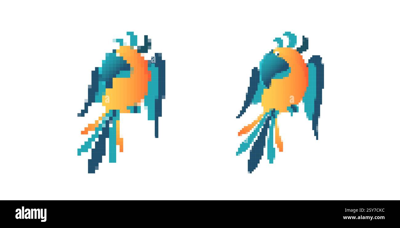 Pixel art parrots with vibrant colors and abstract geometric shapes in ...