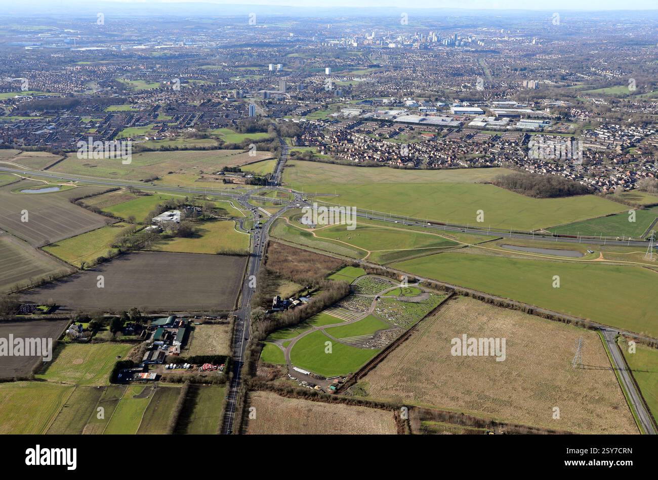 aerial view of Whinmoor Cemetery looking across East Leeds Orbital Road ...