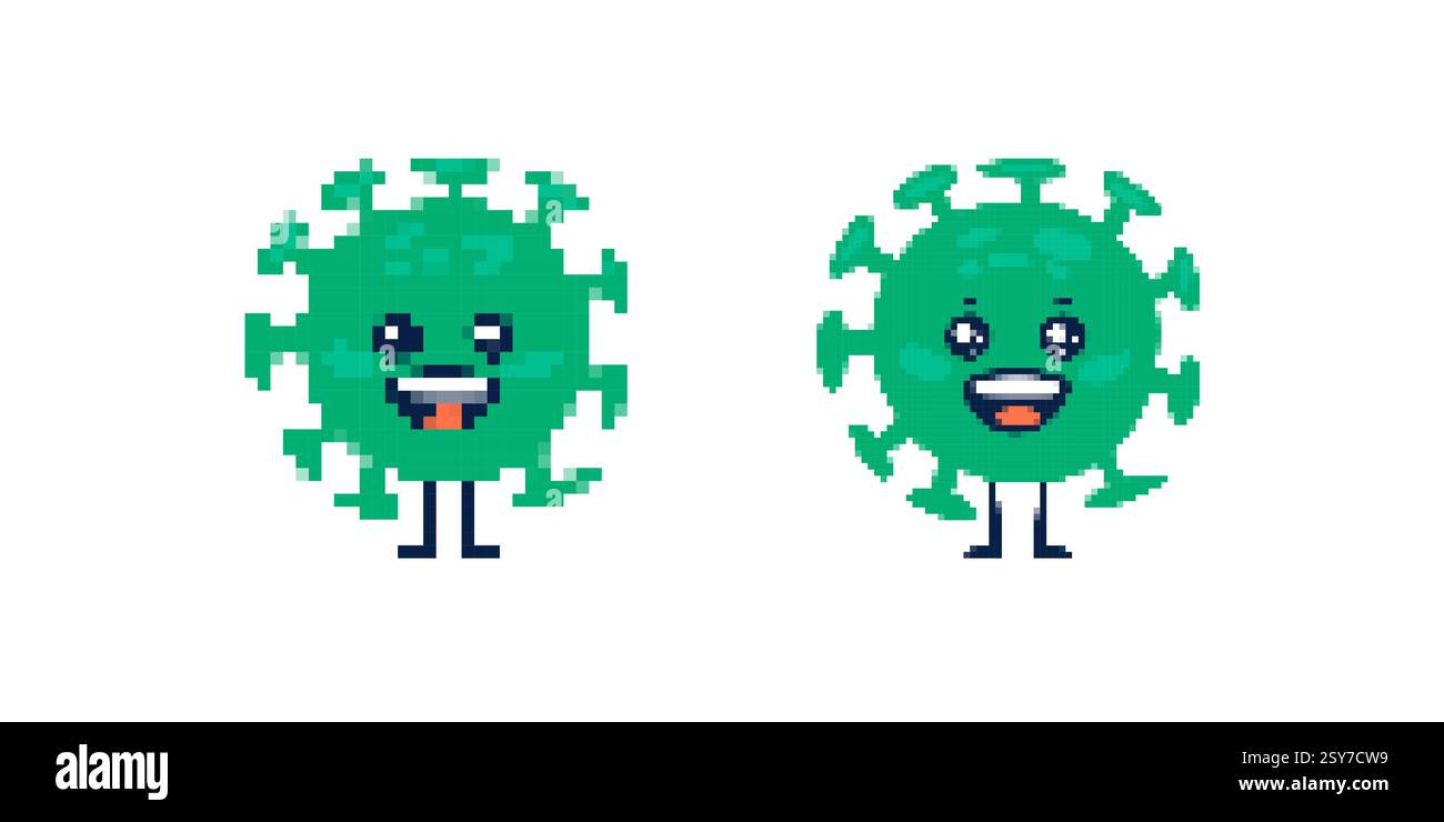 Two cute cartoon virus characters with smiling faces and simple pixel ...