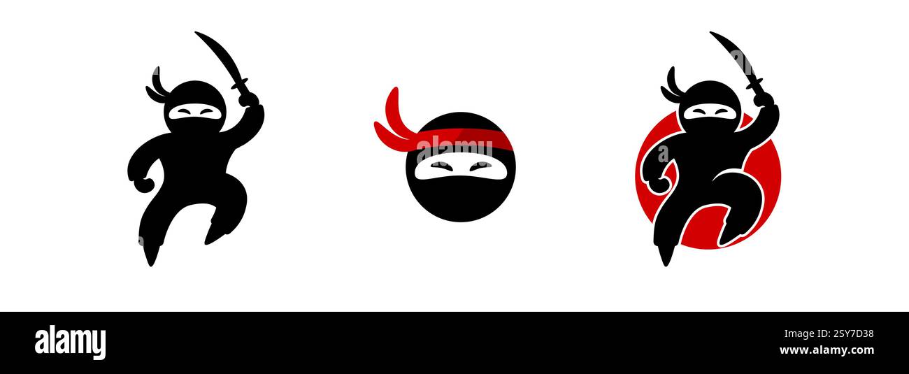 Three ninja icons with swords and red highlights on a simple white ...