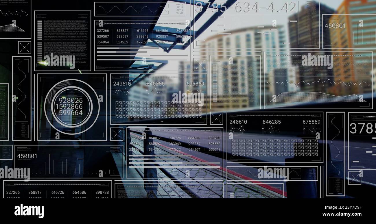 Image of data processing and diagrams ove train station Stock Photo - Alamy