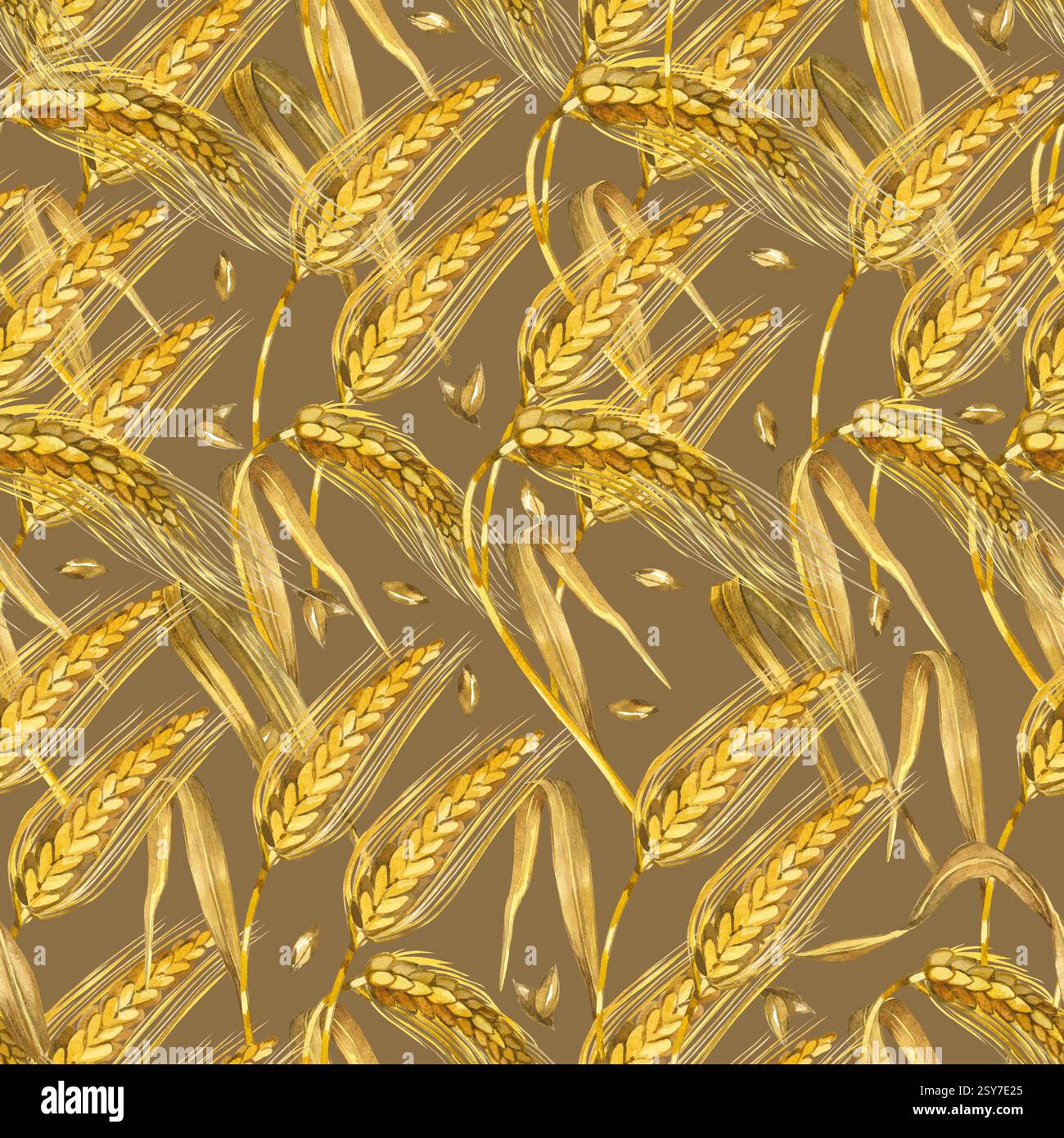 Seamless pattern of yellow wheat ears and wheat grains. All objects are ...