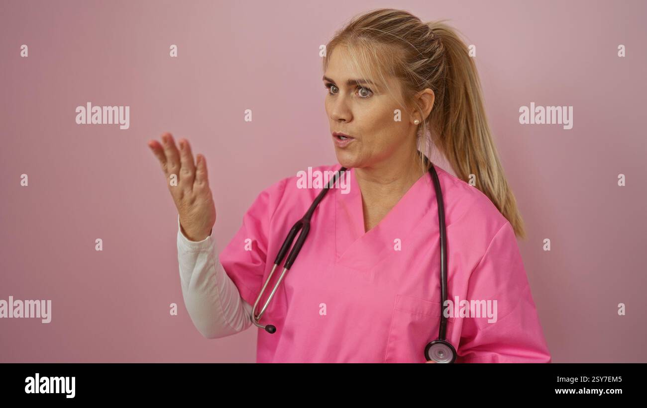 Woman doctor in pink scrubs with stethoscope gesturing against pink ...