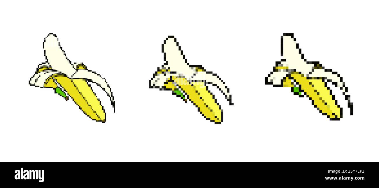 Three pixel art style bananas with peeling effect displayed in a simple ...