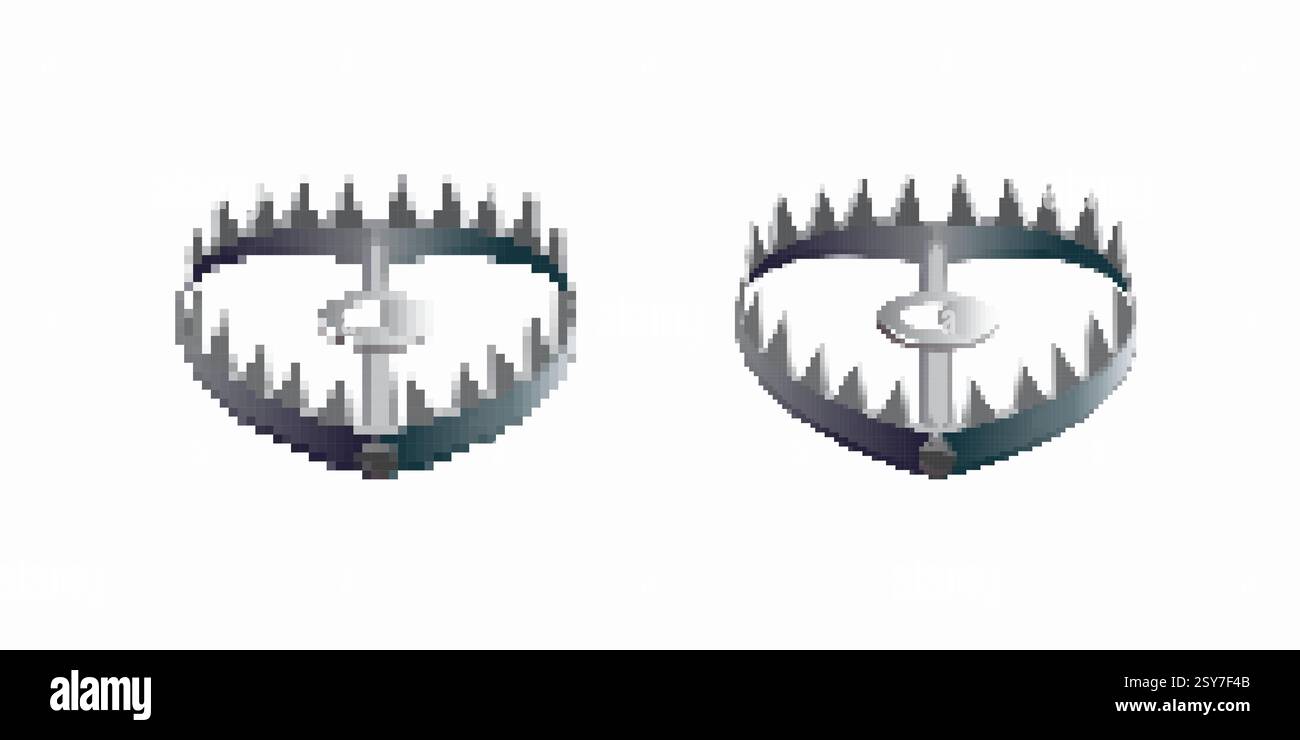 Two metal bear traps displaying sharp teeth for holding large animals ...