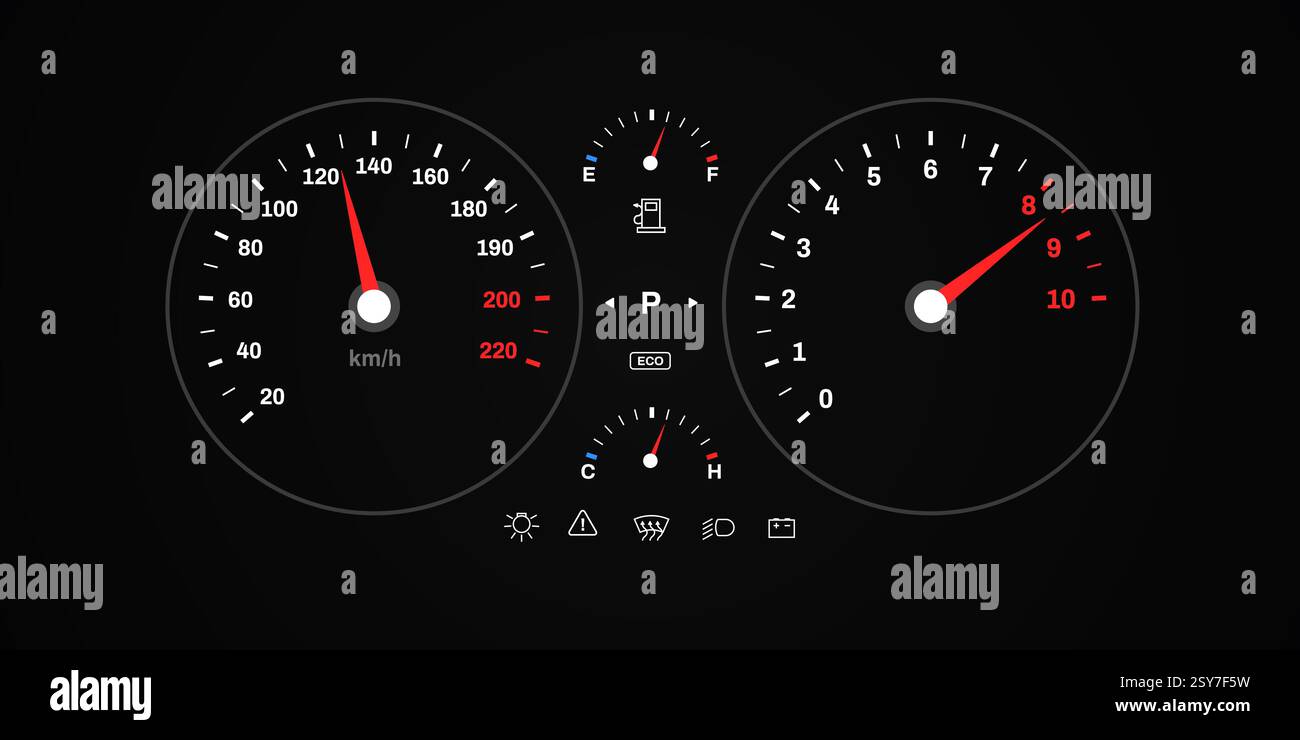 Speedometer and tachometer dashboard with fuel and temperature gauges ...