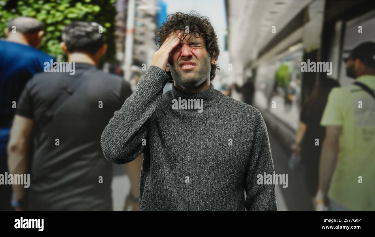 Man standing on busy city street with hand on face looking stressed or ...