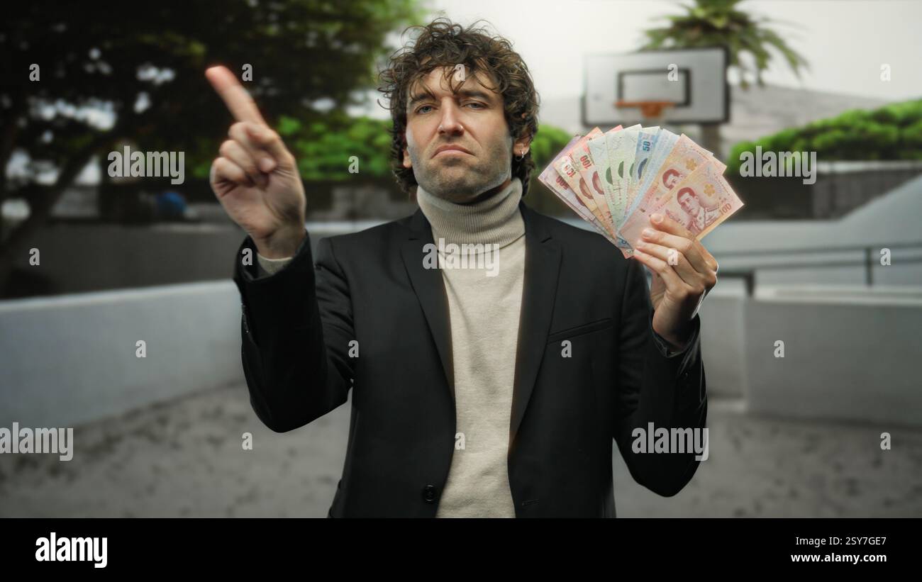 Hispanic man outdoors on a city street holding thai banknotes with one ...