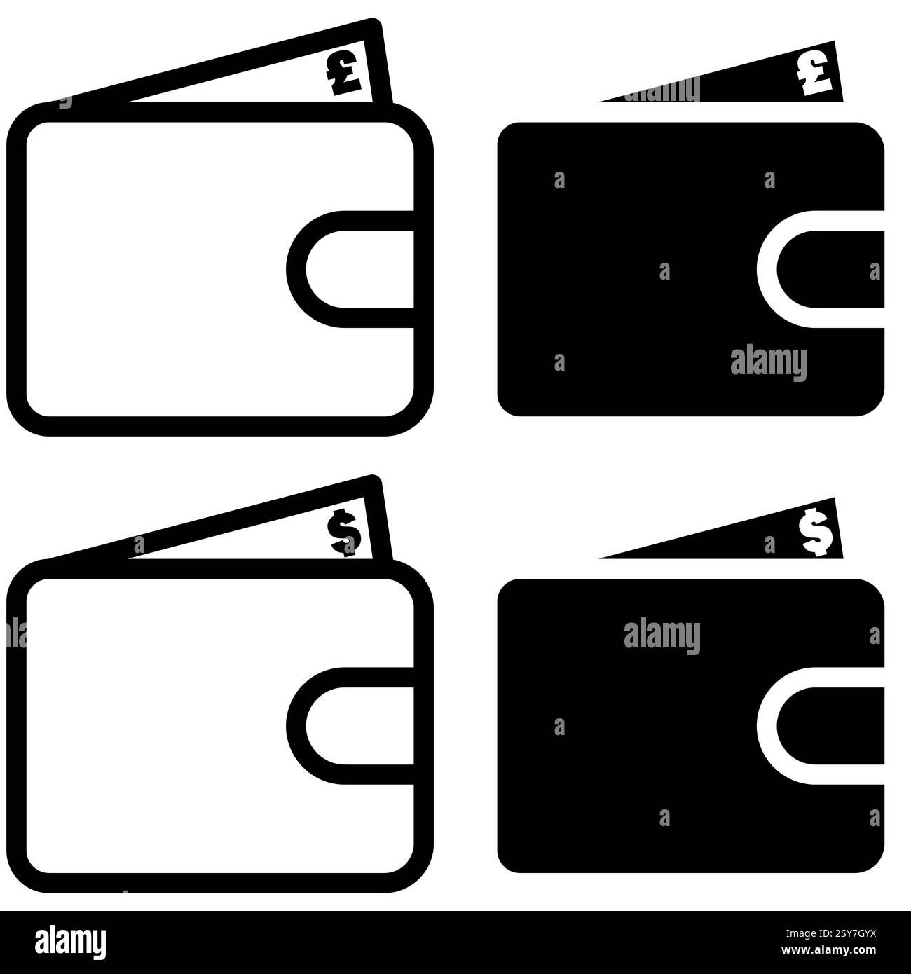 Leather open wallet icon in Black and white with pound and dollar ...