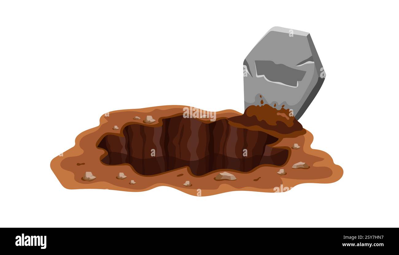Cartoon image of broken tombstone and deep hole in brown earth Stock ...