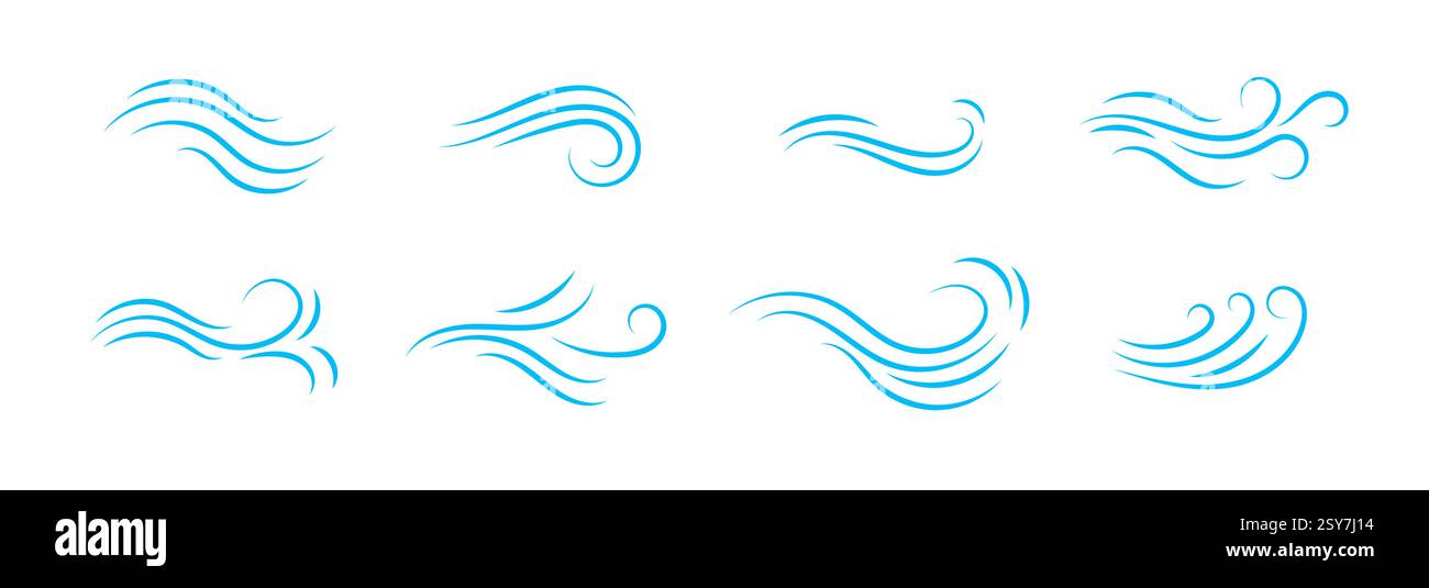 Set of eight blue wave symbols showing movement and flow with curvy ...