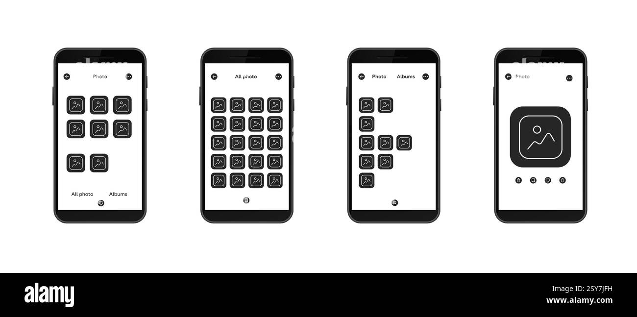 Four smartphones displaying different grid layouts of image icons on ...