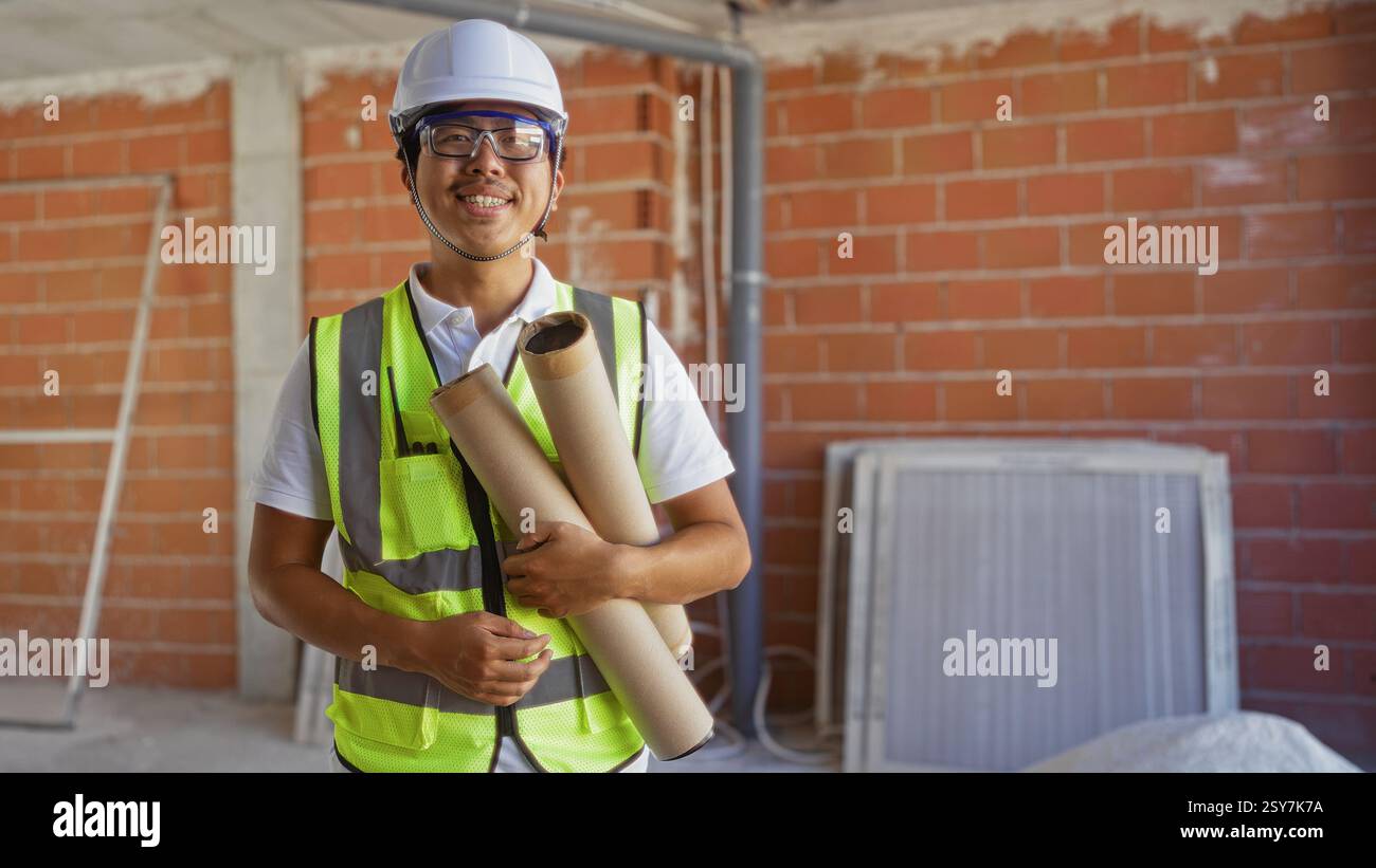 Young man in construction gear smiling indoors at a building site ...