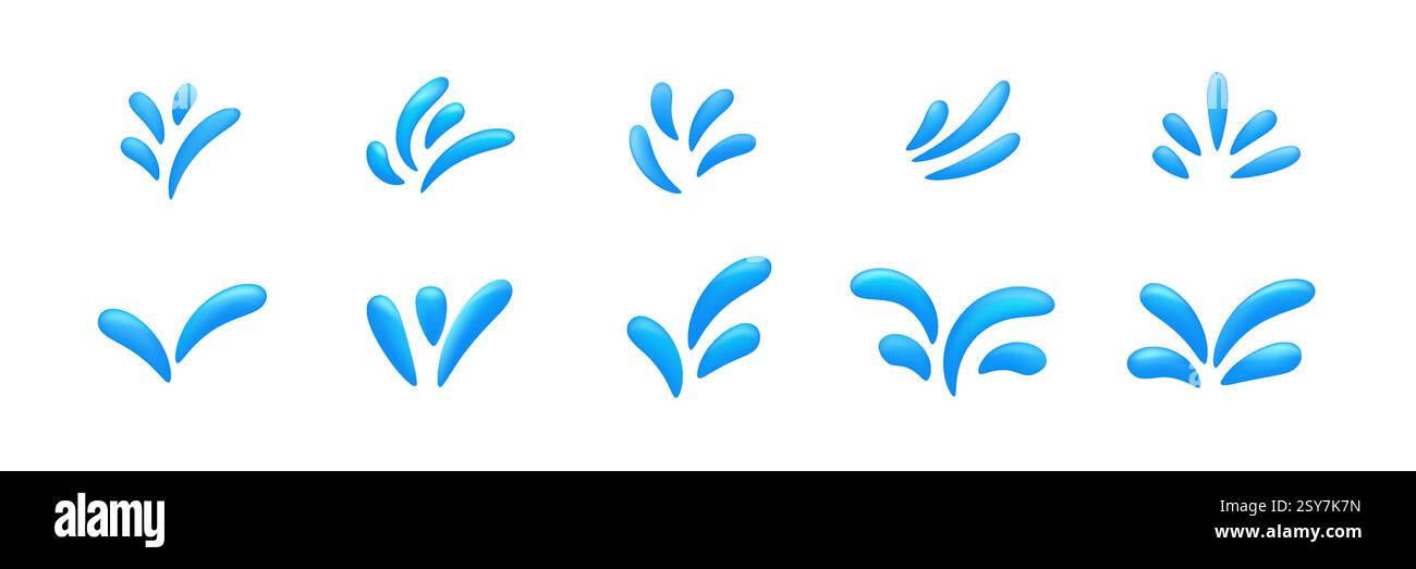 Collection of blue water splash elements in varied shapes on a light ...
