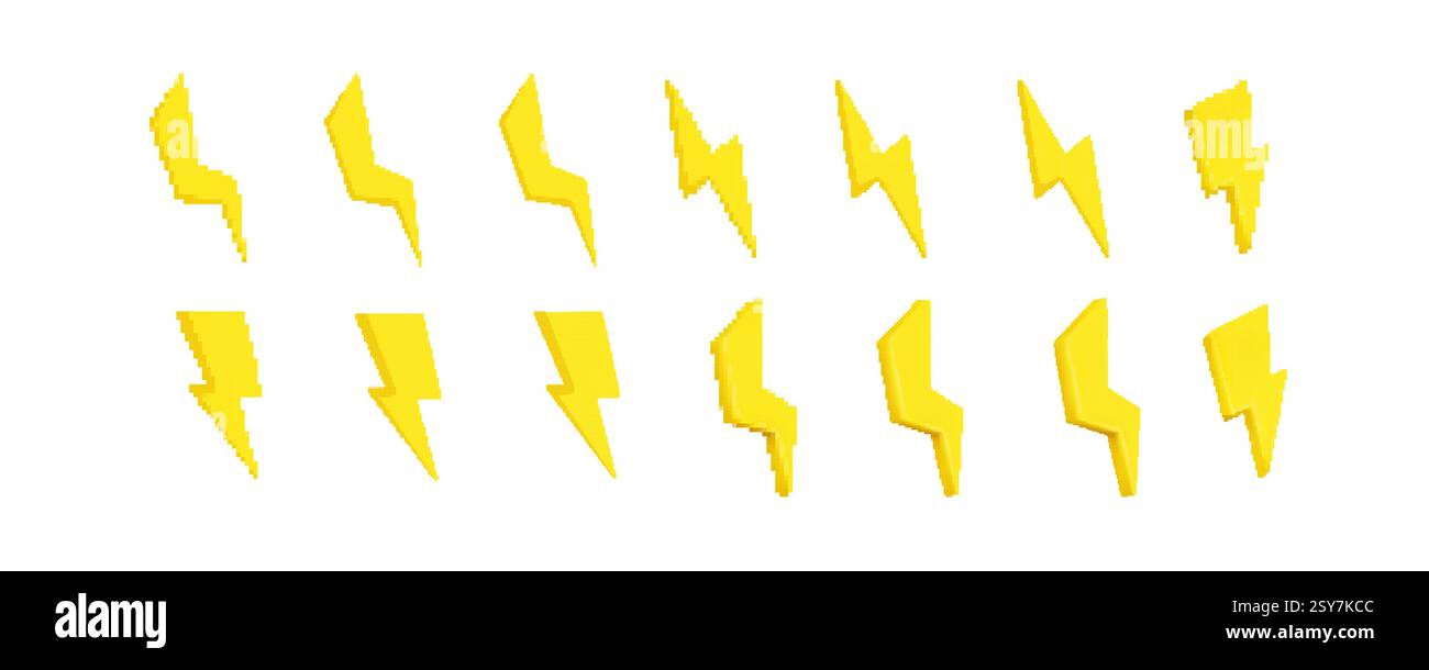 Set of yellow lightning bolt symbols in different positions and unique ...