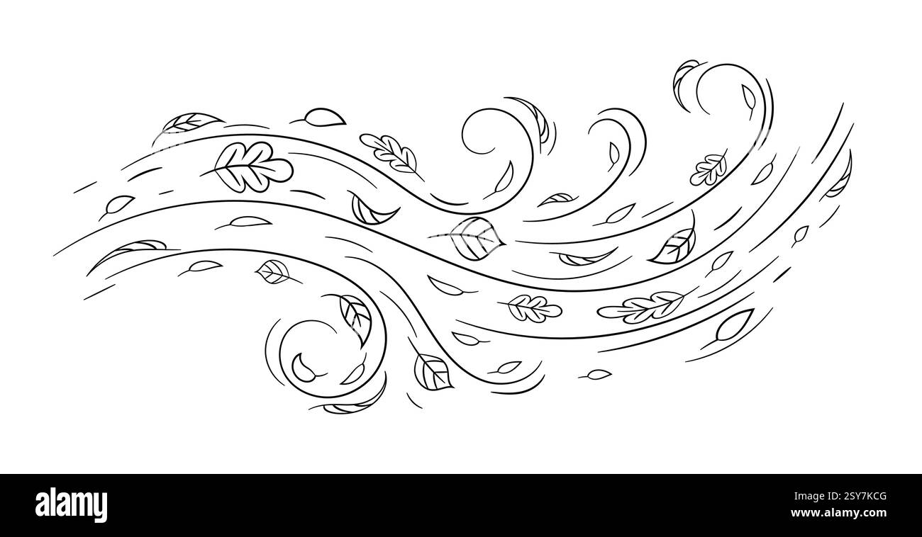 Stylized swirling wind with leaves in simple black line art design ...