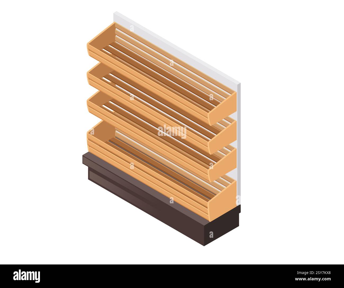 Isometric wooden store shelf with multiple horizontal levels. Light ...