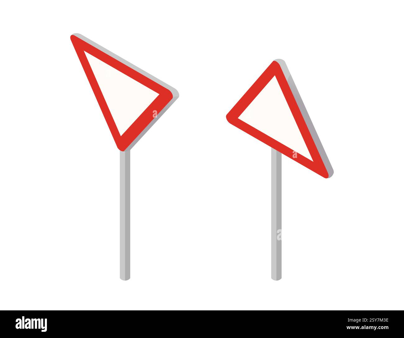 Isometric set of two red triangular traffic signs. Road sign mounted on gray poles. Warnings or ...