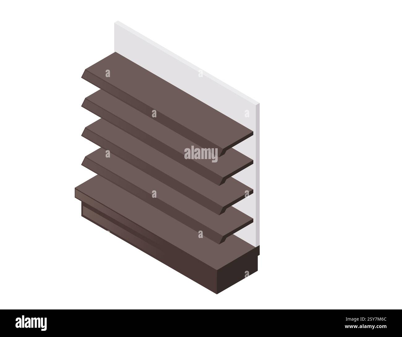 Isometric wooden store shelf with multiple horizontal levels. Black ...