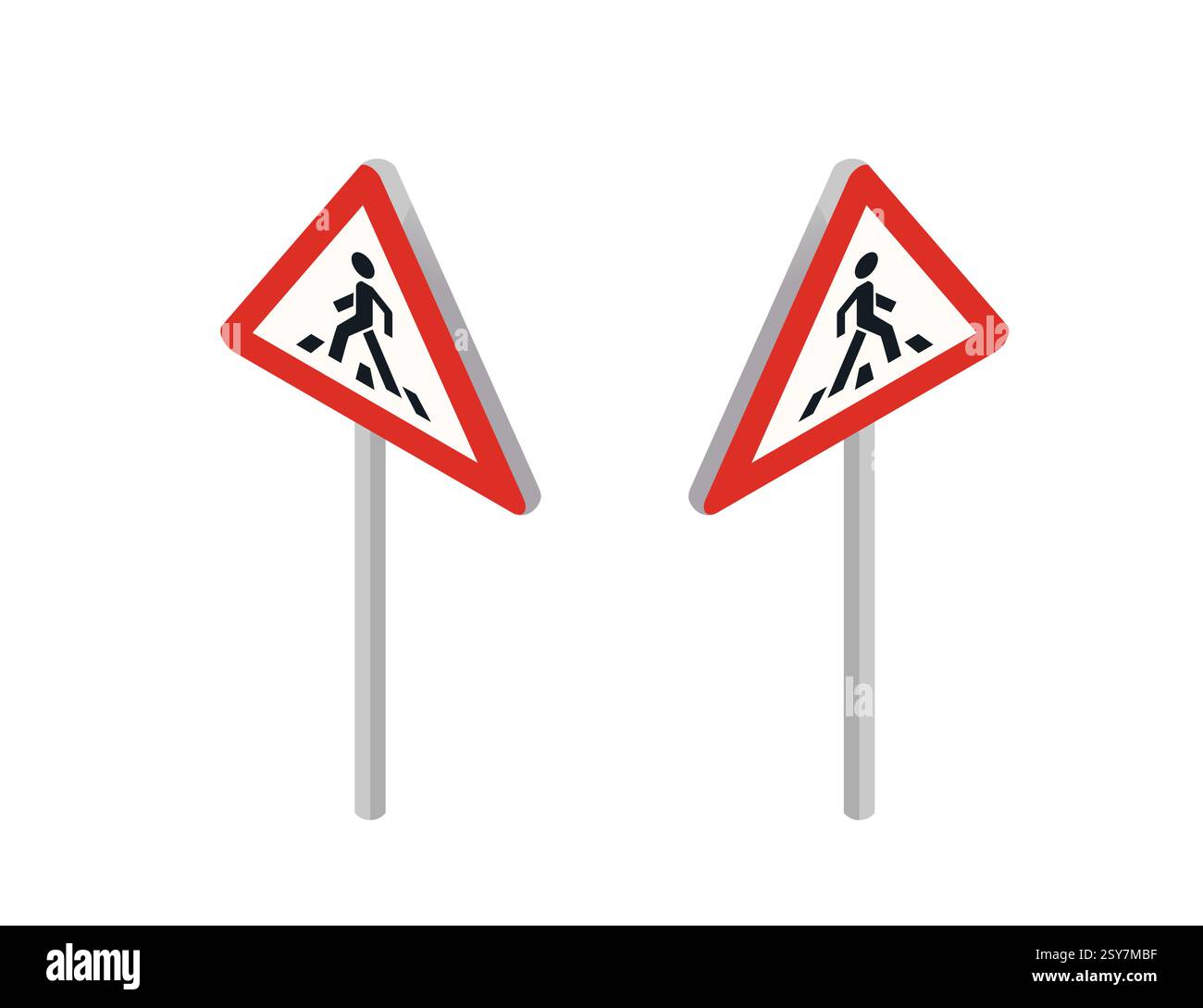 Isometric set of two triangular pedestrian crossing signs. Red borders with black pictograms of ...