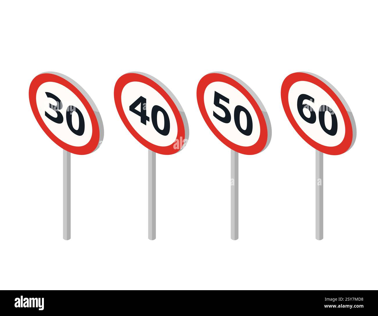 Set of four circular speed limit signs with red borders. Road signs with speed limit warnings 30 ...