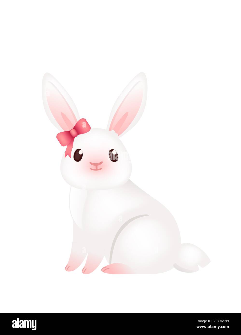 Adorable smiling rabbit with pink ribbon and bow. Funny positive bunny ...
