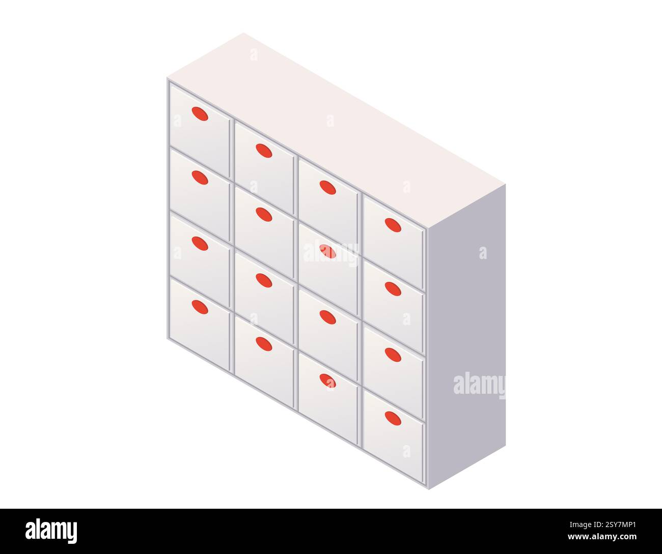 Isometric white cabinet with small drawers with red handle. Storage ...