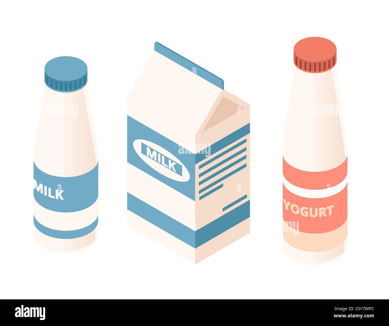 Isometric set of dairy products. Milk in cardboard packet, and yogurt ...