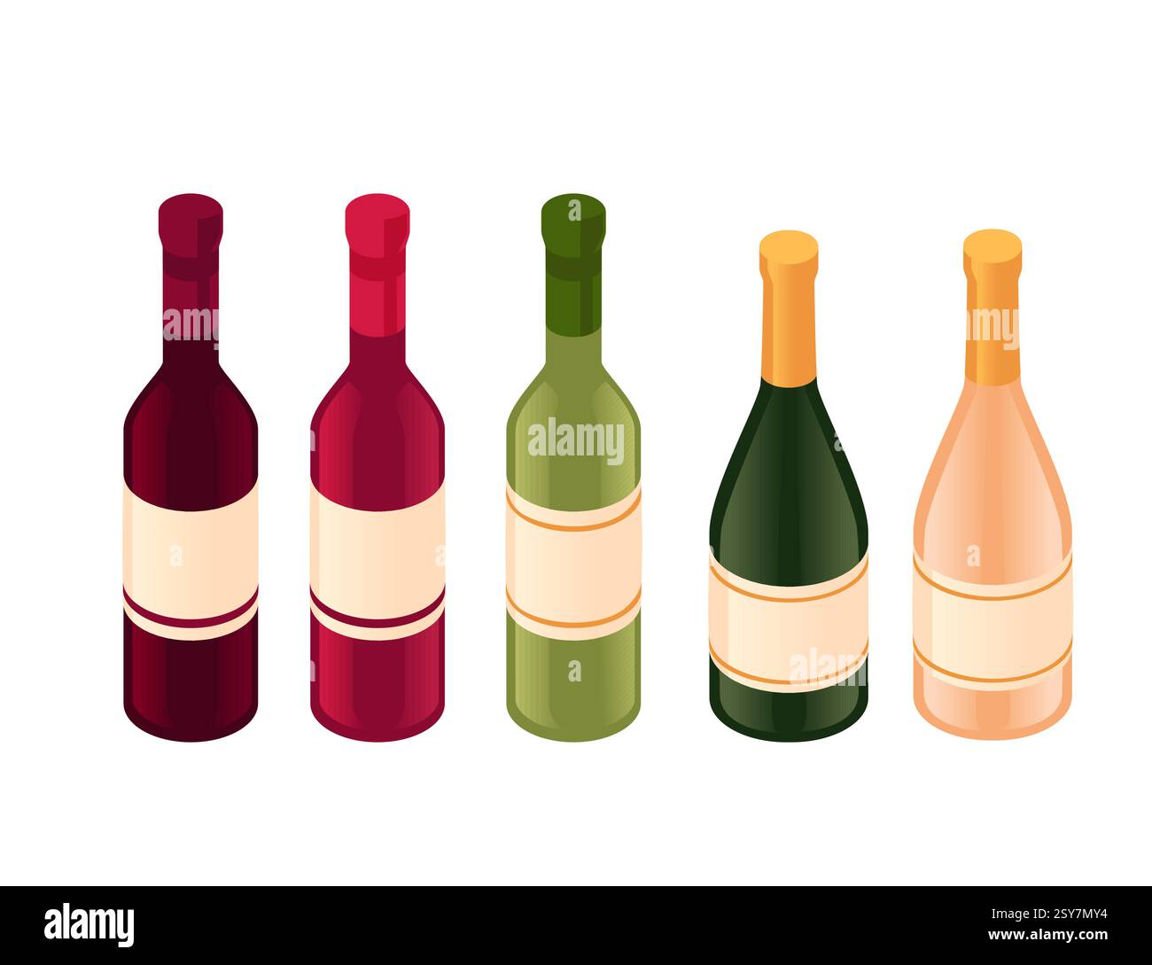 Isometry set of wine and champagne drink bottles. Green, red and white ...