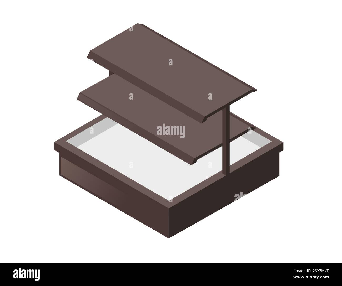 Isometric wooden store shelf with multiple horizontal levels. Black ...