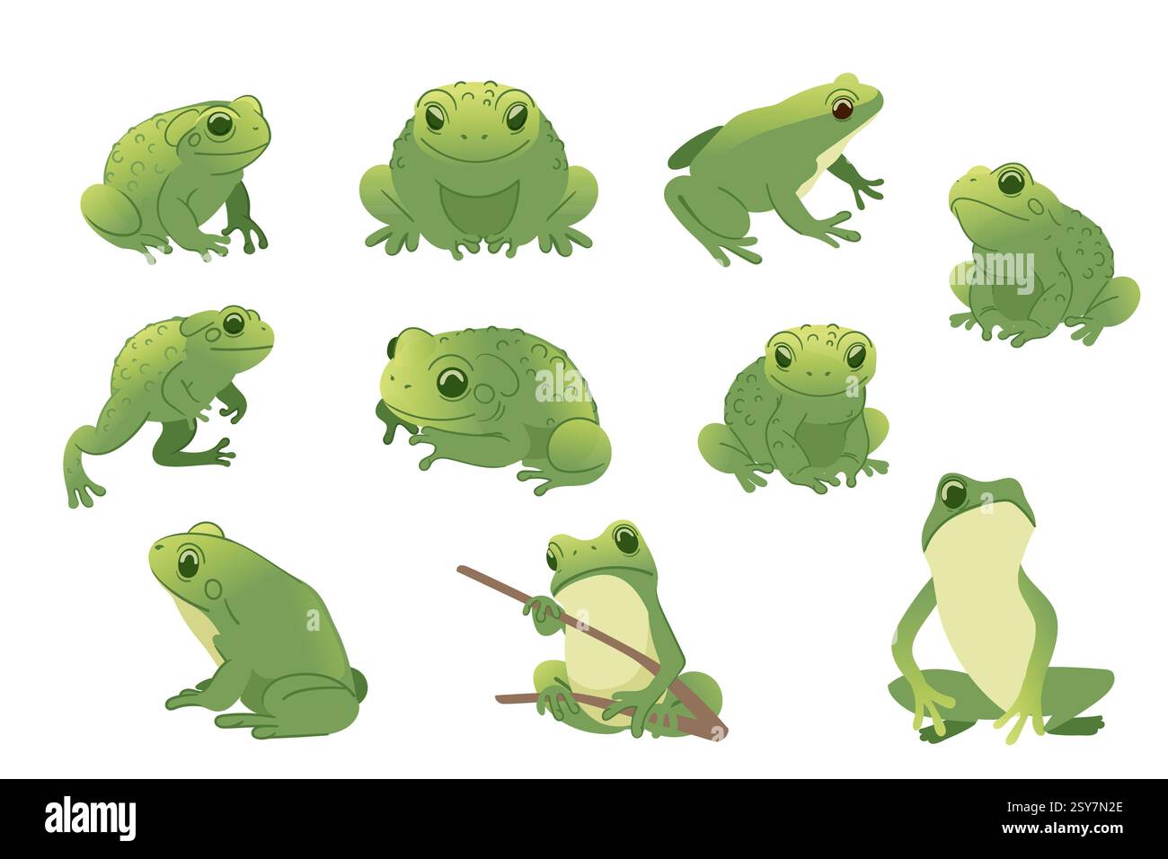 Collection of green frogs in various poses. Cartoon animal design, cute ...